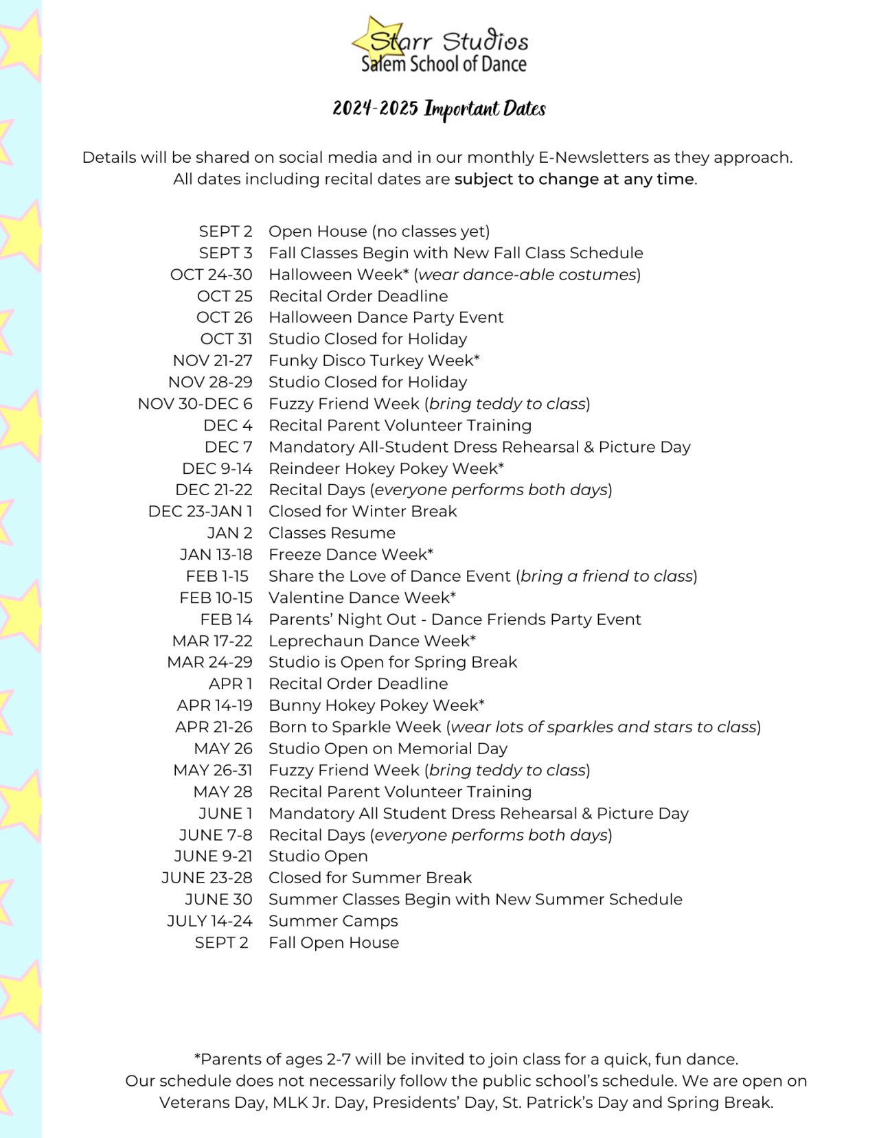 Important Dates | Recitals, Camps, Holidays | Starr Studios